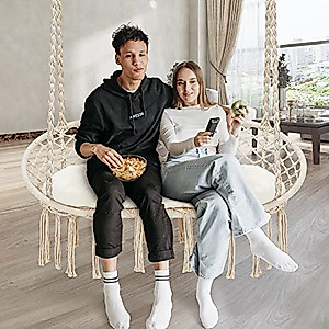 Homgava Hammock Chair Macrame Hanging Swing with Cushion,Hanging Cotton Ropes, Metal Frame, 450 lbs Capacity Indoor Outdoor, Patio, Balcony, Living,Deck, Yard, Garden(Double Swing) Beige