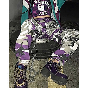 ZODLLS Women's Camo Pants Cargo Trousers Cool Camouflage Pants Elastic Waist Casual Jogger Pants with Pocket Purple Camo-M