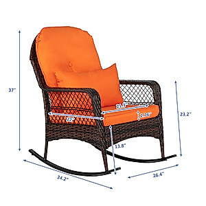 VINGLI Patio Wicker Rocking Chairs with Cushions, Outdoor Rattan Patio Rocker Chairs, Patio Wicker Furniture for Porch Deck Garden Backyard Brown & Orange