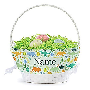 Dino Pattern Personalized Easter Egg Basket with Handle and Custom Name | Green Easter Basket Liners | White Basket | Woven Easter Baskets for Kids | Customized Easter Basket | Gift for Easter