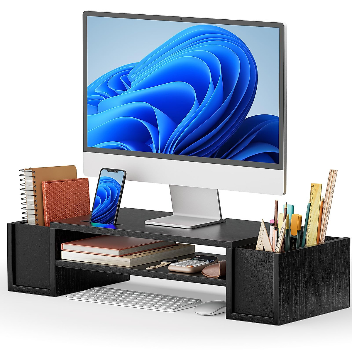 AMERIERGO Monitor Stand Desk Organization with DIY Storage Space, Monitor Riser Stand with Storage with 2 Slots & Phone Holder, Computer Stand 2 Tier for Home Office Use