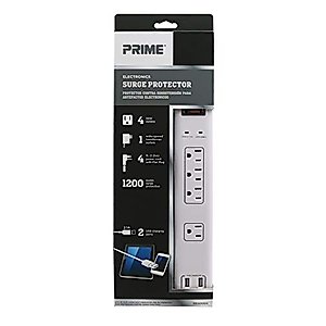 Prime Wire & Cable PB525106 6-Outlet Electronics Surge Protector with 14/3 SJT 4-Feet Cord and USB Charger, White