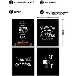 Govivo Inspirational Football Quote Wall Art - Set of 4 Motivational Football Prints - Football Room Decor - Football Wall Art for Boys Bedroom, Locker Room, or Coach Gift - 8x10 unframed prints