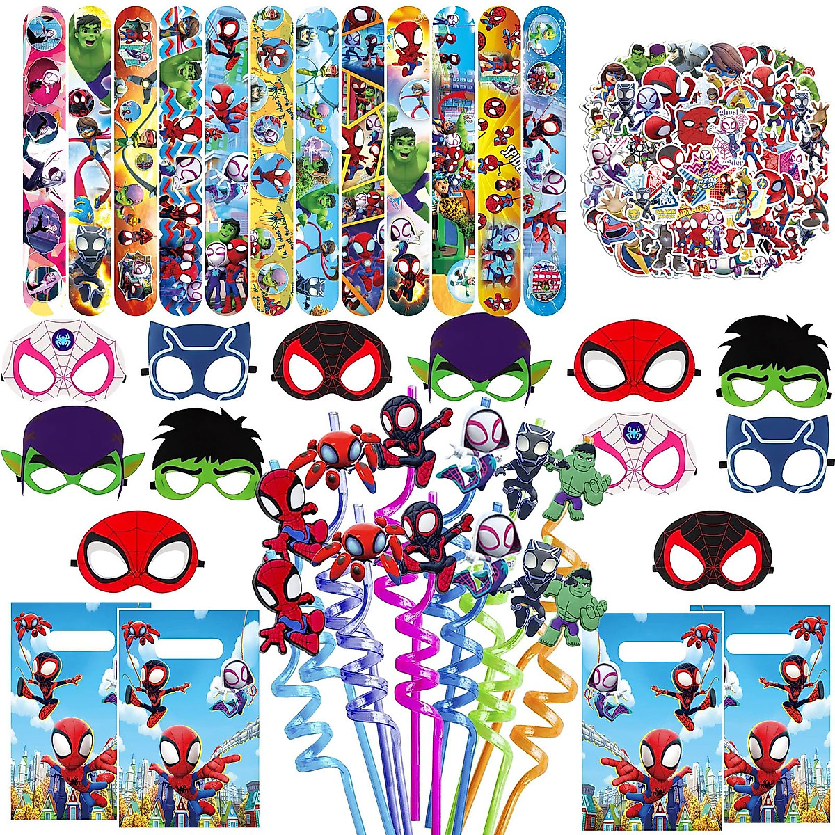 106PCS Spidey Friends Party Favor Supplies -Reusable Drinking straws Masks&Slap Bracelets Bags&Spidey Stickers Gifts for Kids Birthday Spidey Friends Themed Party Favors Birthday Decorations ﻿