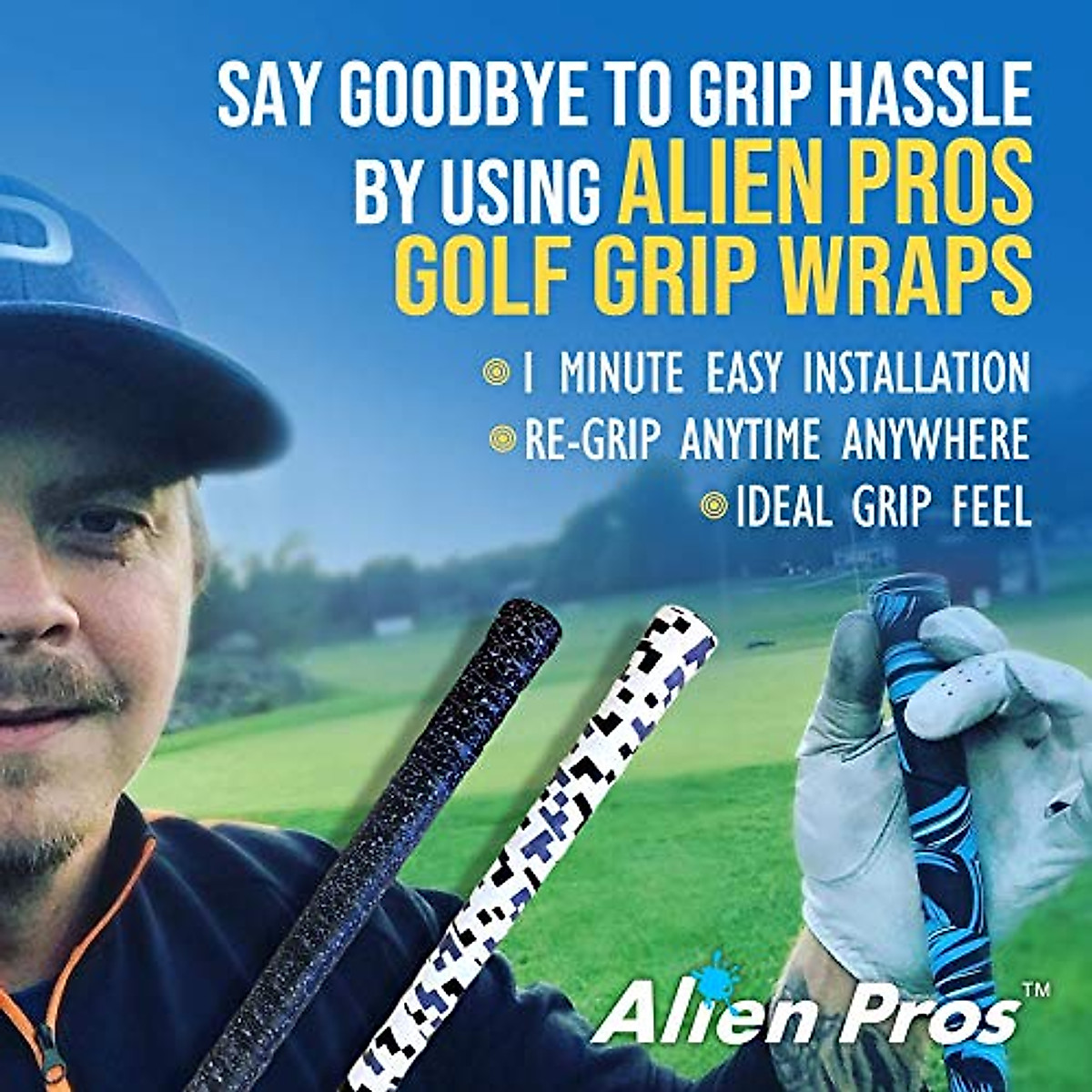 ALIEN PROS Golf Grip Wrapping Tapes (3-Pack) - Innovative Golf Club Grip Solution - Enjoy a Fresh New Grip Feel in Less Than 1 Minute (3-Pack, Black Cubic)