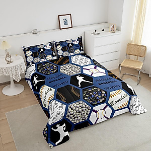Erosebridal Baseball Bed Set for Boys,Baseball Player Comforter for Kids,Geometric Honeycomb Bedding Set Twin Size,Sports Ball Game Patchwork Quilt Set with 1 Pillowcase Lightweight