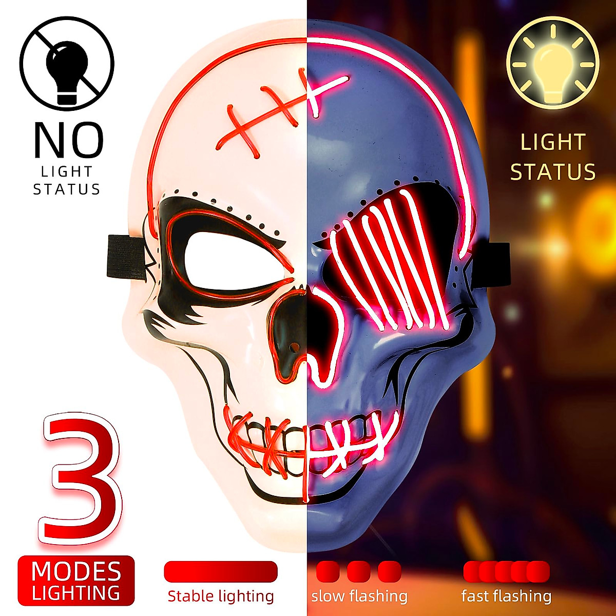 OceanWings Halloween LED Mask with Gloves Light up Costumes Scary Mask for Party Supplies Favor(Red&Gloves)