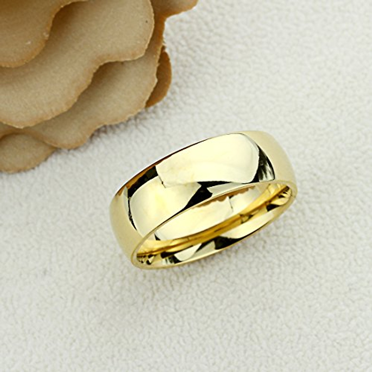 Prime Pristine Free Engraving Personalized Stainless Steel Wedding Band Ring 8MM Yellow Tone High Polished Classy Domed Ring SZ:8.5