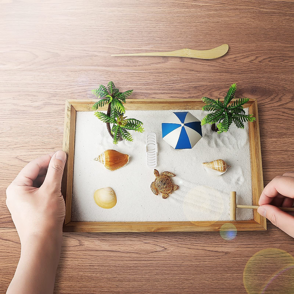 Japanese Zen Garden for Desk White Beach 12" x 8" Desktop Mini Zen Garden with White Sand Artificial Bonsai Tree Rocks Rakes & Accessories Meditation Zen Gifts Sand Tray Play Kit for Kids Adult