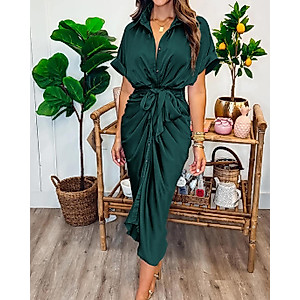 BTFBM Women 2024 Button Down Ruched Shirt Dresses Short Sleeve Lapel V Neck Elegant Party Spring Summer Maxi Satin Dress(Short Sleeve Dark Green, Large)