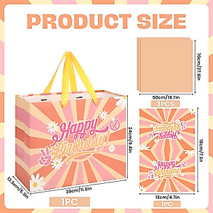 Large Groovy Happy Birthday Gift Bag with Card and Tissue Paper Boho Hippie Birthday Party Favors Daisy Flower Birthday Gift Wrap Bag with Handles for Retro Birthday Baby Shower Party Supplies