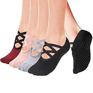 Cooque Yoga Socks Non Skid with Grips Barre Pilates Socks for Women Girls (Pink,Grey,Black,Wine red-01)