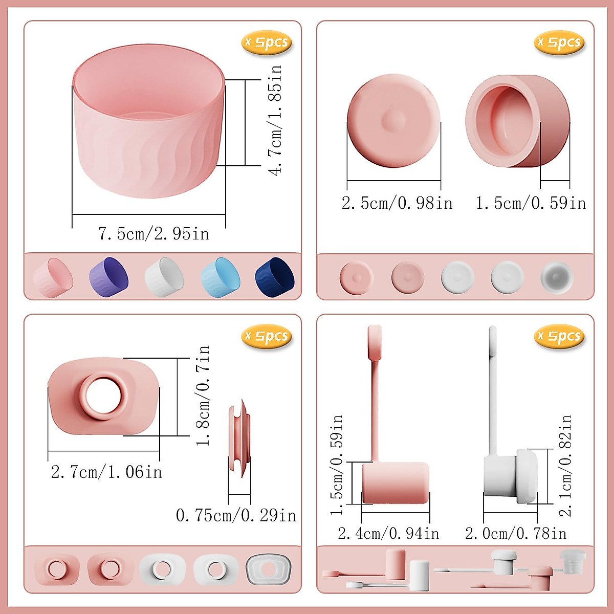 BOSOIRSOU 20 pcs Cup Accessories Set, 5 Square Silicone Leak-Proof Stoppers, 5 Round Leak-Proof Stoppers, 5 Straw Covers Boots, 5 Cup Sleeves for 40 oz Tumbler Bottom Protector Flask