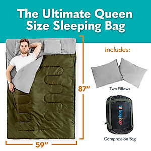 Sleepingo Double Sleeping Bags for Adults Backpacking, Camping, Hiking - Waterproof Queen Sleeping Bag for Adults or Teens - Two Person Sleeping Bag