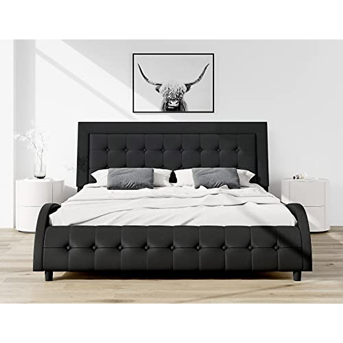 SHA CERLIN Queen Size Box-Tufted Platform Bed Frame / Faux Leather Upholstered Bed Frame with Headboard / Wood Slat Support / Wave-Like Modern Bed / Low Profile Mattress Foundation / Black