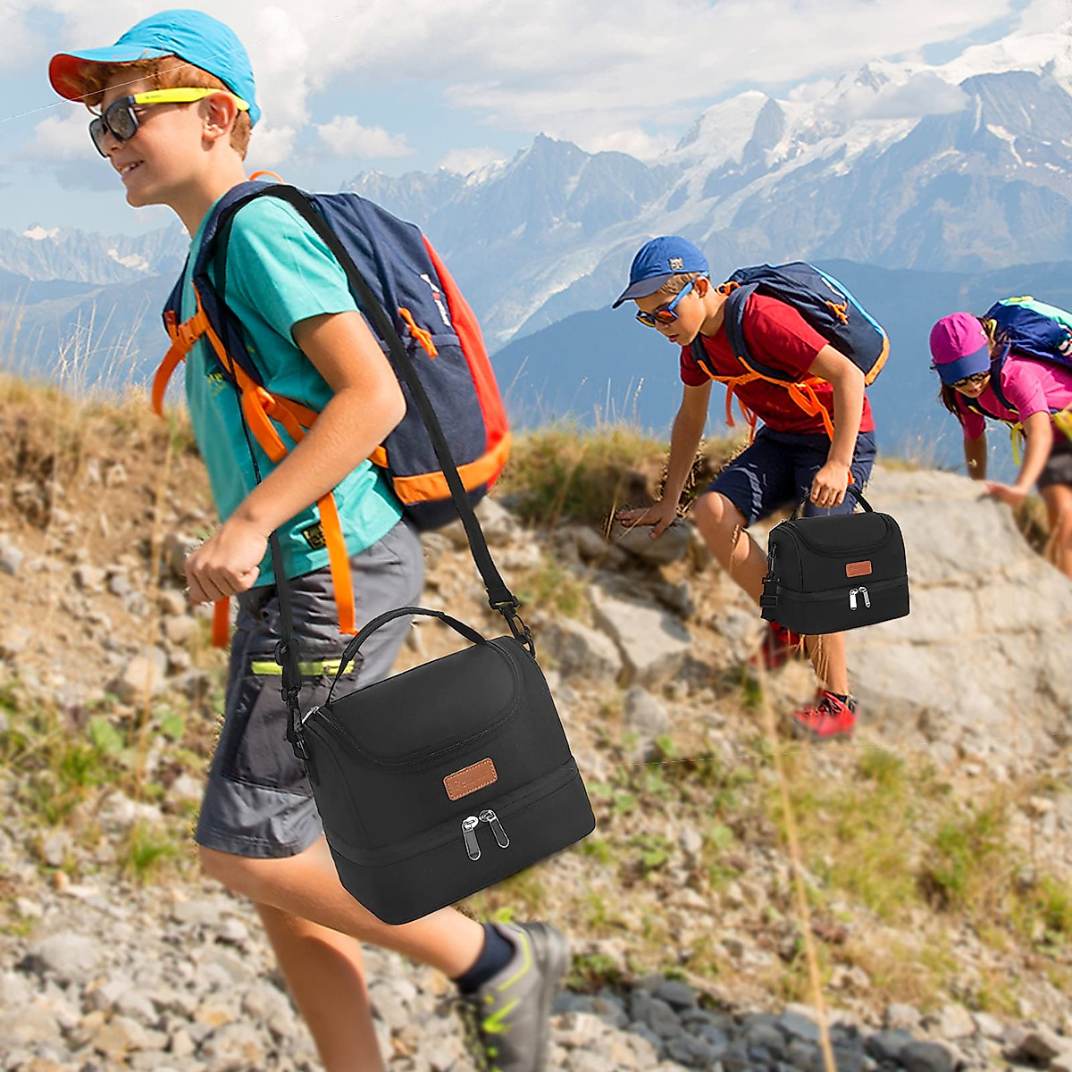 Femuar Kid Lunch Bag For Boys &Girl, Children Insulated Lunch Box Dual Compartments Small Lunch Cooler Bag , School,Travel, Gift, Black