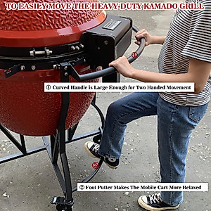 Rolling Cart with Handle+Foot Putter for Kamado Je Big Joe Accessories,Rolling Cart with Heavy Duty Locking Caster Wheels Powder Coated Steel Rolling Outdoor Cart for Kamado Big Joe Grill Stand