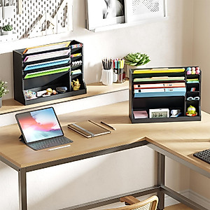 X-cosrack Wooden Wall Mounted File Holder 4-Tier Vertical Hanging /desktop Organizer with Pencil storage and Bottom Flat Tray for Office Home countertop Black