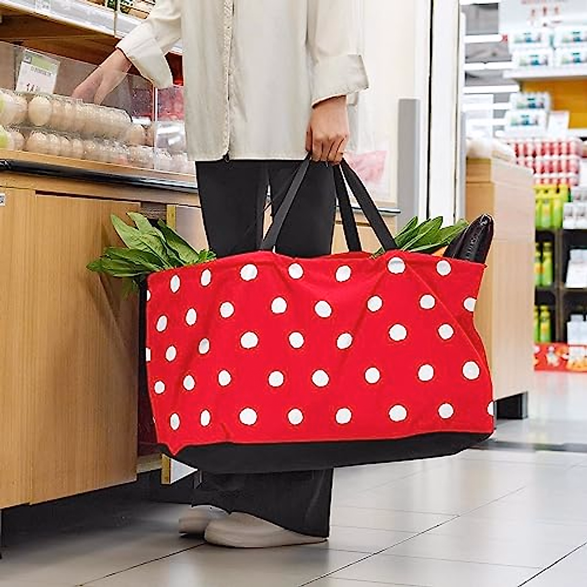 KQNZT Reusable Grocery Bags, Large Foldable Reusable Shopping Tote Bags Bulk for Groceries, Waterproof Kitchen Cloth Produce Bags with Long Handles, Pink White Wave Dot Fashion