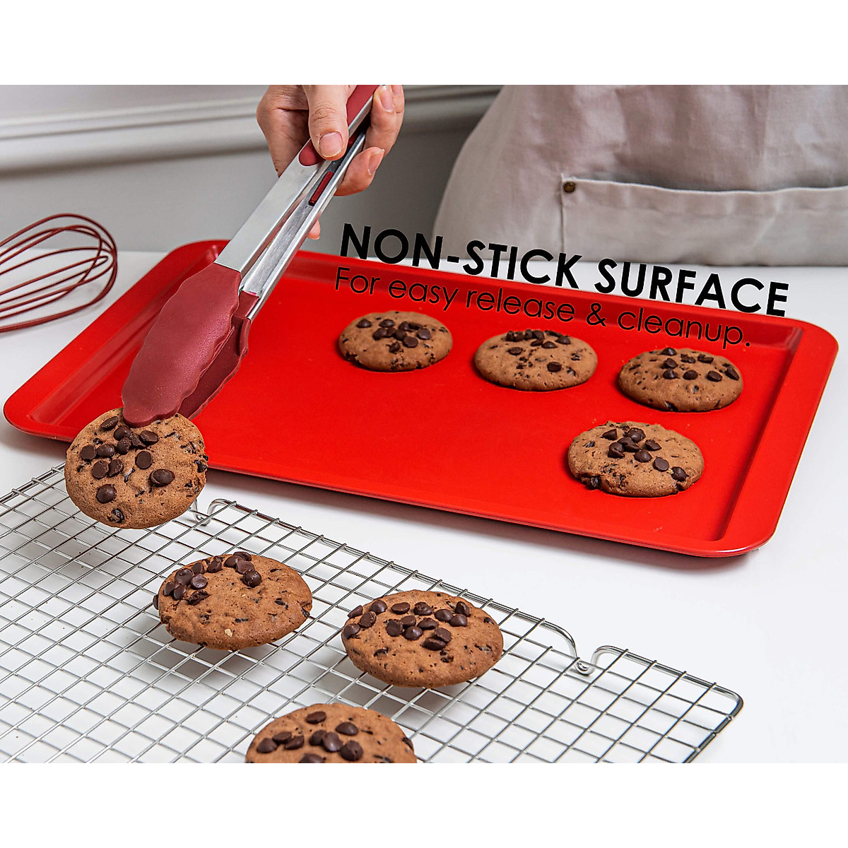 Rorence Nonstick Steel Bakeware Set: Cookie Sheet, Rectangular Cake Pan, 2 Round Cake Pans, Muffin Pan, Loaf Pan & Cooling Rack - Set of 7 - Red