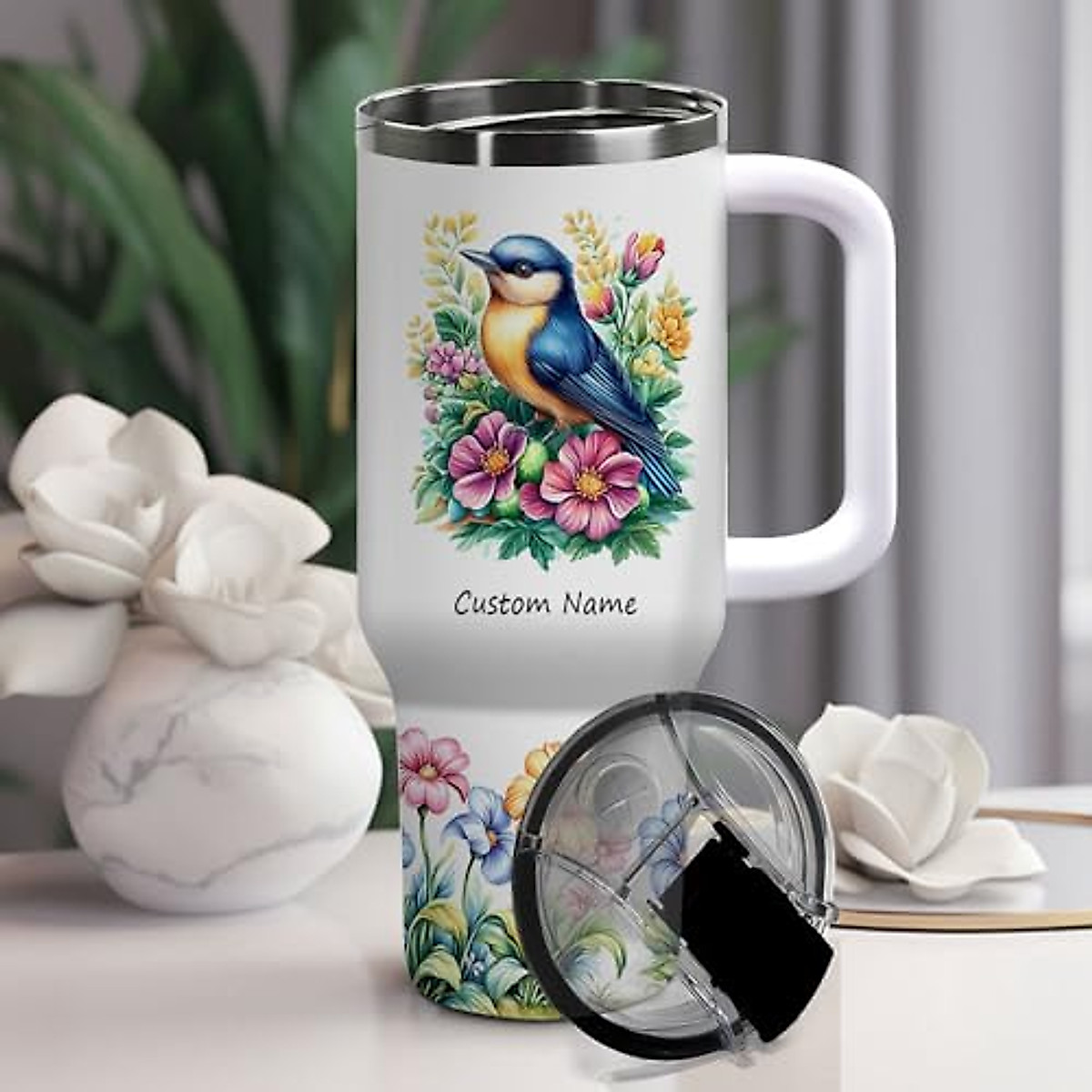40oz Eurasian Nuthatch 2 Personalized Tumbler - Stainless Steel Cup with Handle, Lid & Straw - Gift for Animal Lover Girls, Women - Ideal for Birthday, Christmas nhpU7s