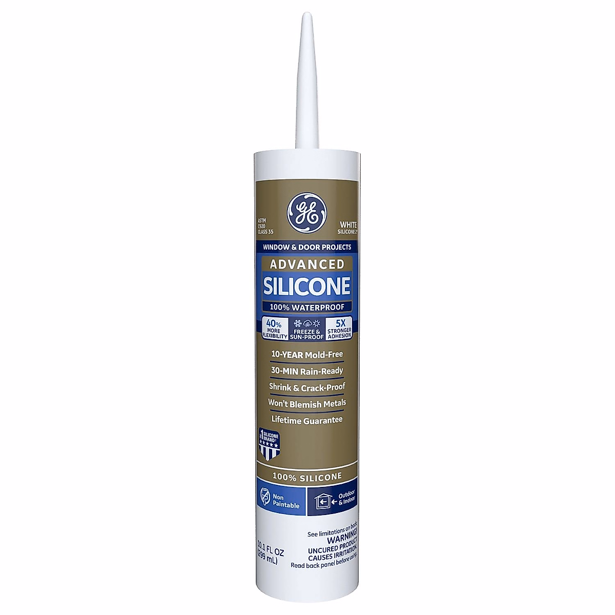 GE Advanced Silicone Caulk for Window & Door - 100% Waterproof Silicone Sealant, 5X Stronger Adhesion, Shrink & Crack Proof - 10 oz Cartridge, White, Pack of 1