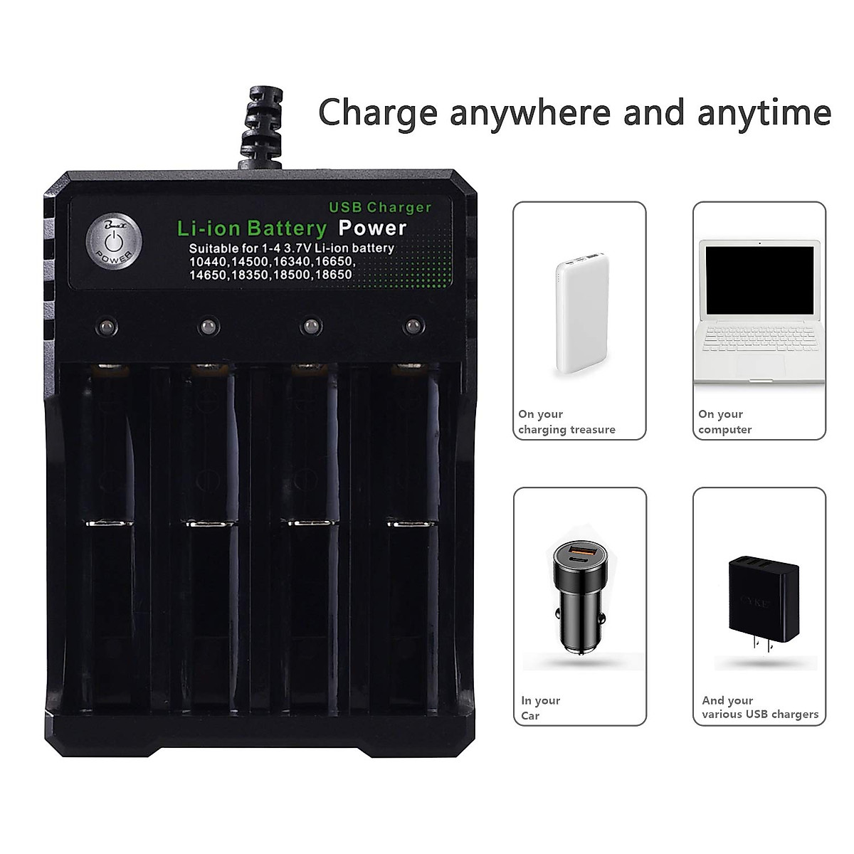 18650 Battery Charger 4 Bay Fast Charge, for 3.7V Li-ion TR IMR 10440 14500 16650 14650 18350 18500 16340(RCR123) Batteries, USB Intelligent Universal Rechargeable Battery Charger