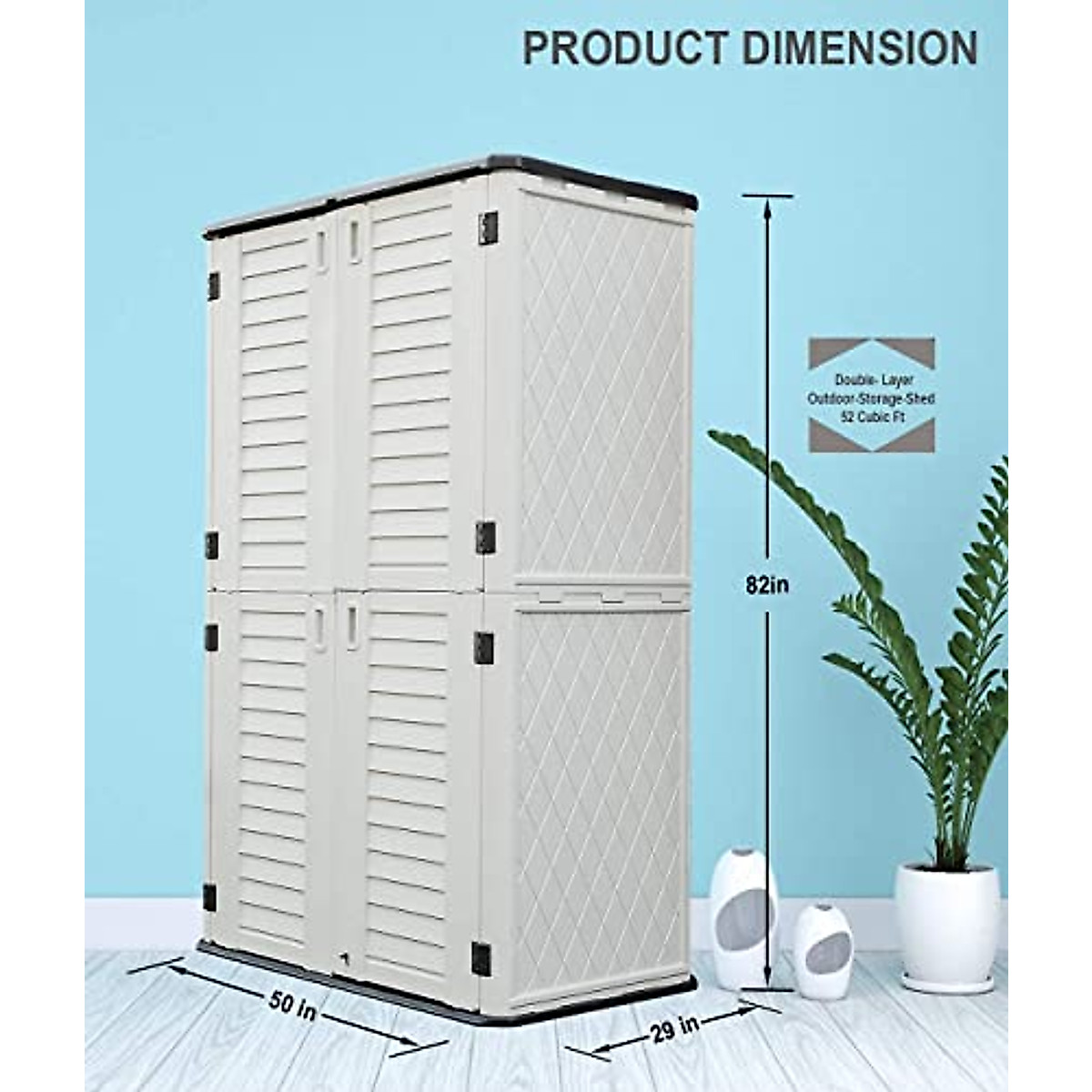 HOMSPARK Vertical Storage Shed Weather Resistance, Double-layer Outdoor Storage Cabinet Multi-purpose for Backyards and Patios Accessories, (50 in. L x 29 in. W x 82 in. H, 52 Cubic Feet, Light Beige)