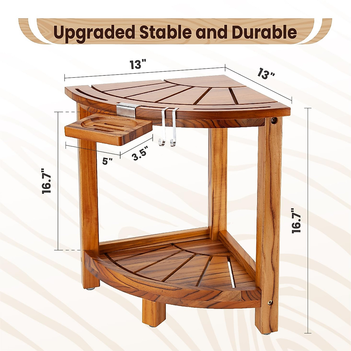 Cartman Original 13" Corner Teak Shower Decorative Bathroom Stand and Foot Rest with Storage Shelf and Soap Dish,Foot Rest Shaving Stool, Corner Nightstand, Beside Table