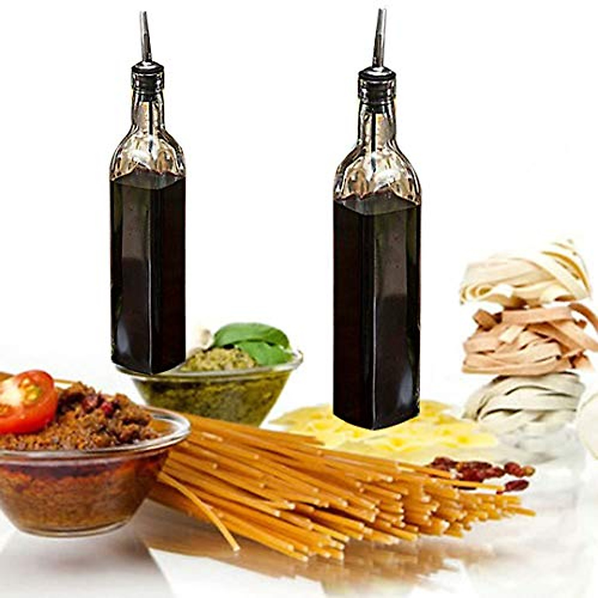 DLD Italian Glass Oil And Vinegar Cruet 16 Oz, Olive Oil Dispenser With Stainless Steel Spout, Slight Green Tint (SET OF 2, 16 oz)