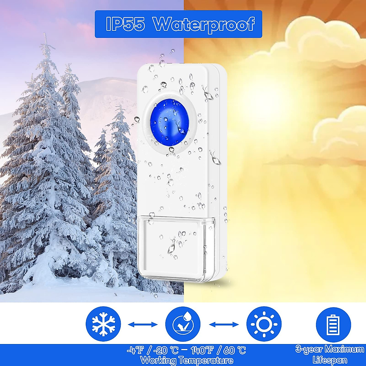 Wireless Doorbell, Coolqiya Door Bell Chimes Kit with 3 Plugin Receivers and 2 Remote Waterproof Push Buttons, Operating Range Up to 1000 Feet, 58 Melodies and 5 Volume Levels, LED Flash, White