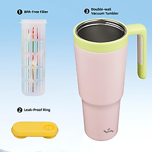 Konokyo Insulated Tumbler with Handle and Straw,40 OZ Vacuum Stainless Steel Water Bottle Travel Mug Metal Cup with Fruit Diffuser,Cherry