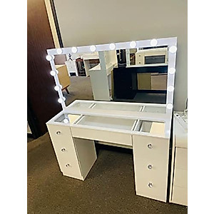 MSILVA 07 Drawers Glass top White Makeup Vanity with Mirror and Set of 14 led Lights Bulbs