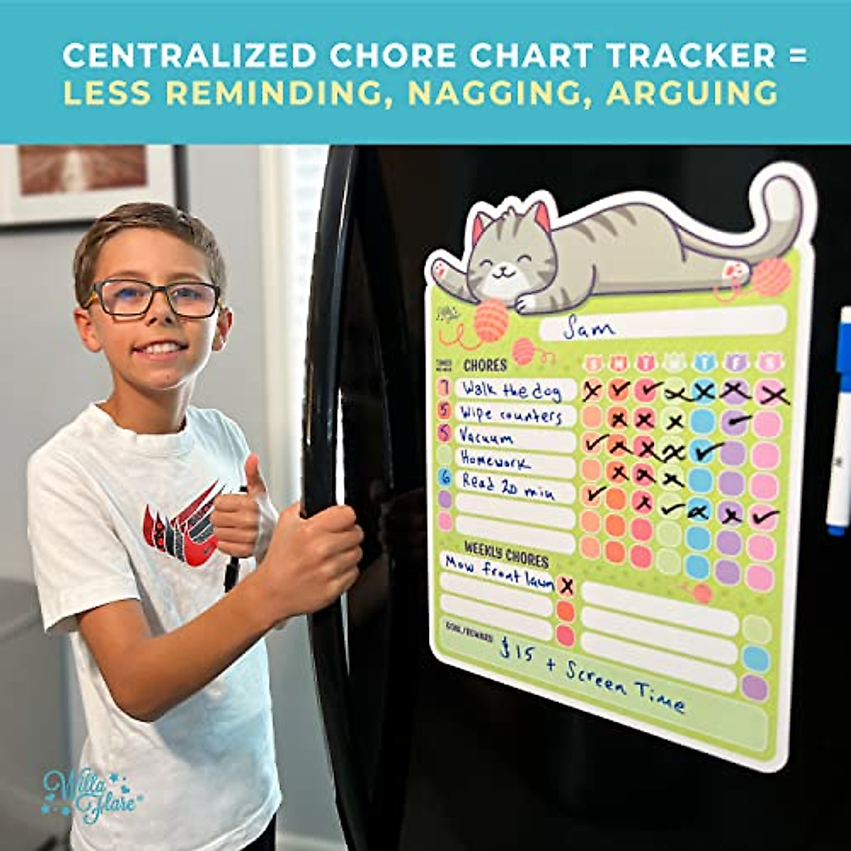 Willa Flare Fridge Chore Chart 1 pc | Magnetic Chore Chart For Kids and Adults | Helps to Reward Responsibility with Family Chores Charts | Includes Wet and Dry Erase Markers (Gray Cat)