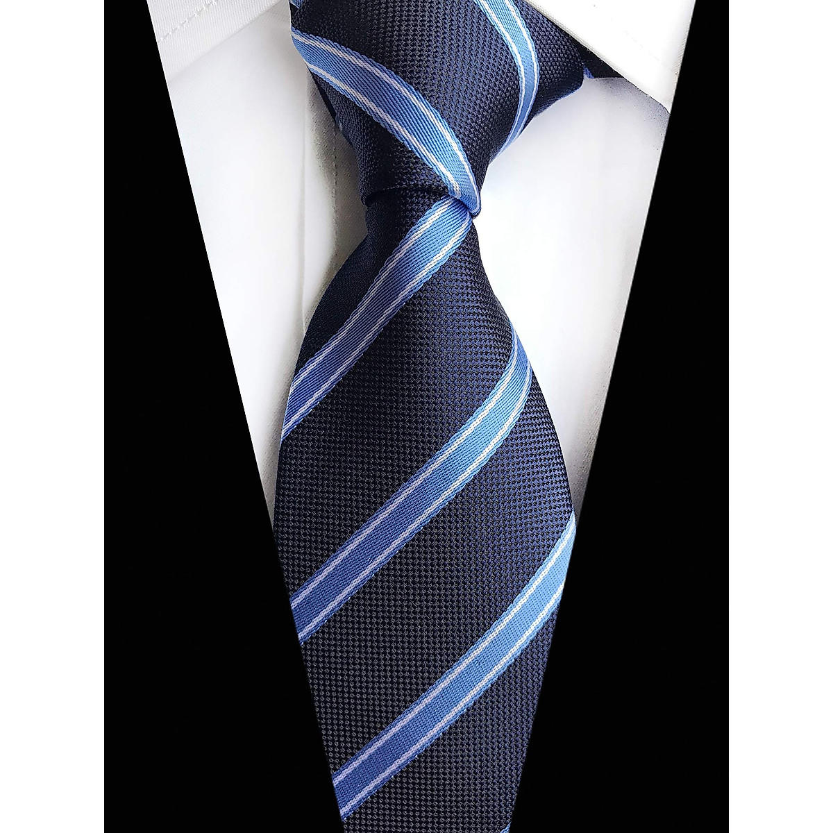 Men's Boys Navy Blue Geometric Striped Tie Trendy Patterned Fashion Casual Suit Necktie