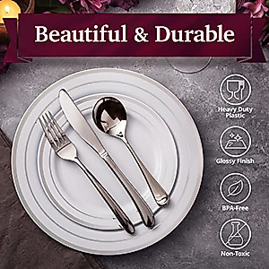 Aya's 60 Silver Plastic Plates Disposable Heavy Duty Premium Plastic Plates, 30 Plastic Dinner Plates + 30 Dessert Appetizer Plates for Weddings, Fancy Disposable Plates for Party White Plastic Plates