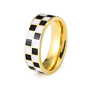 Kainier 6mm 14k Gold Plated Rings Polished Checkerboard Bands Knuckle Statement Pointer Finger Ring Comfort Fit Size 5-9