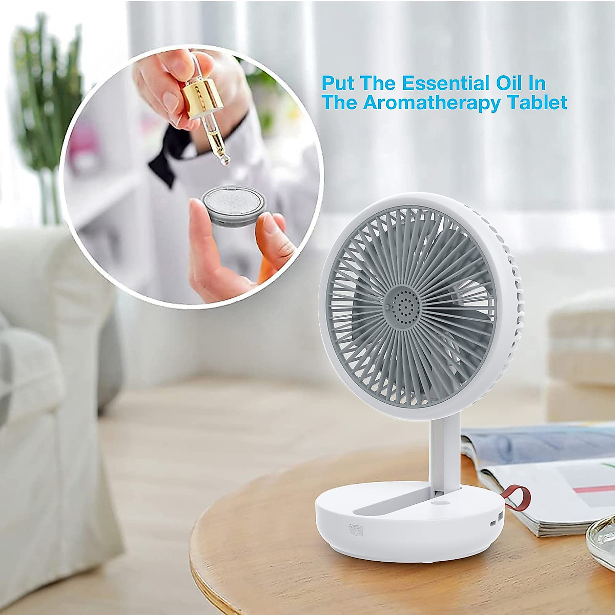 WONGSAM Aroma Diffuser Table Desk Fan, Portable Foldaway Fan, 3600mAh Rechargeable Battery Powered Personal Fan, 4 Speeds Adjusted USB Small Fan for Home Bedroom Travel Office Tent, White