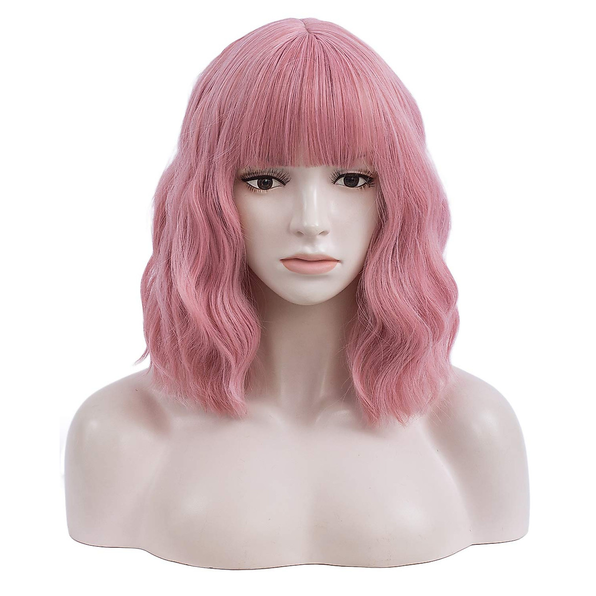 Netgo Pink Wig for Women, Short Pink Wig with Bangs, Natural Wavy Wigs Heat Resistant Synthetic Womens Wigs Daily Party Cosplay Wig