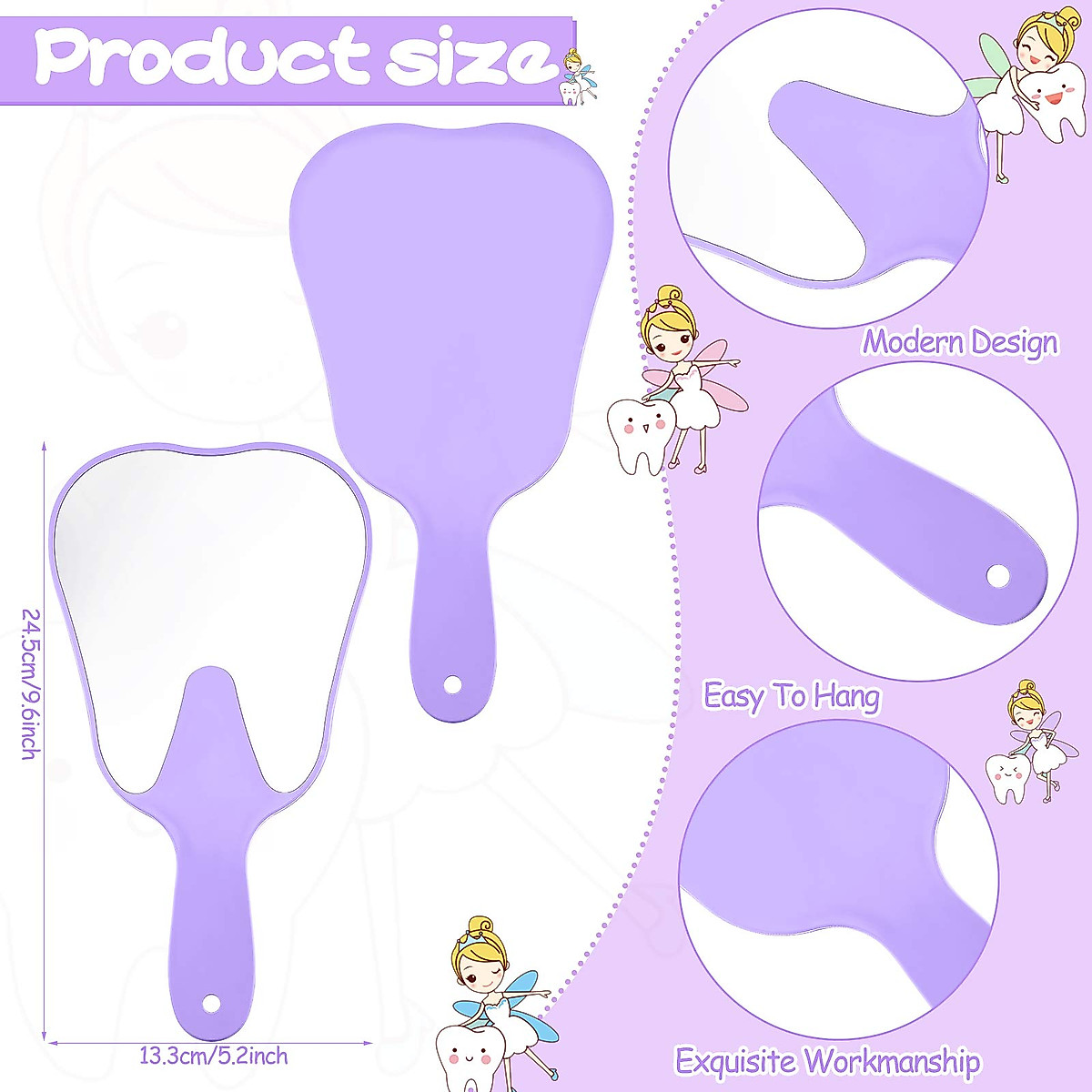 Jetec 2 Pieces Tooth Shaped Handheld Mirror Cute Makeup Mirror Hand Held Plastic Dental Mirrors with Handle Cosmetic Hand Mirror Back to School for Women Men Gifts(White, Purple)