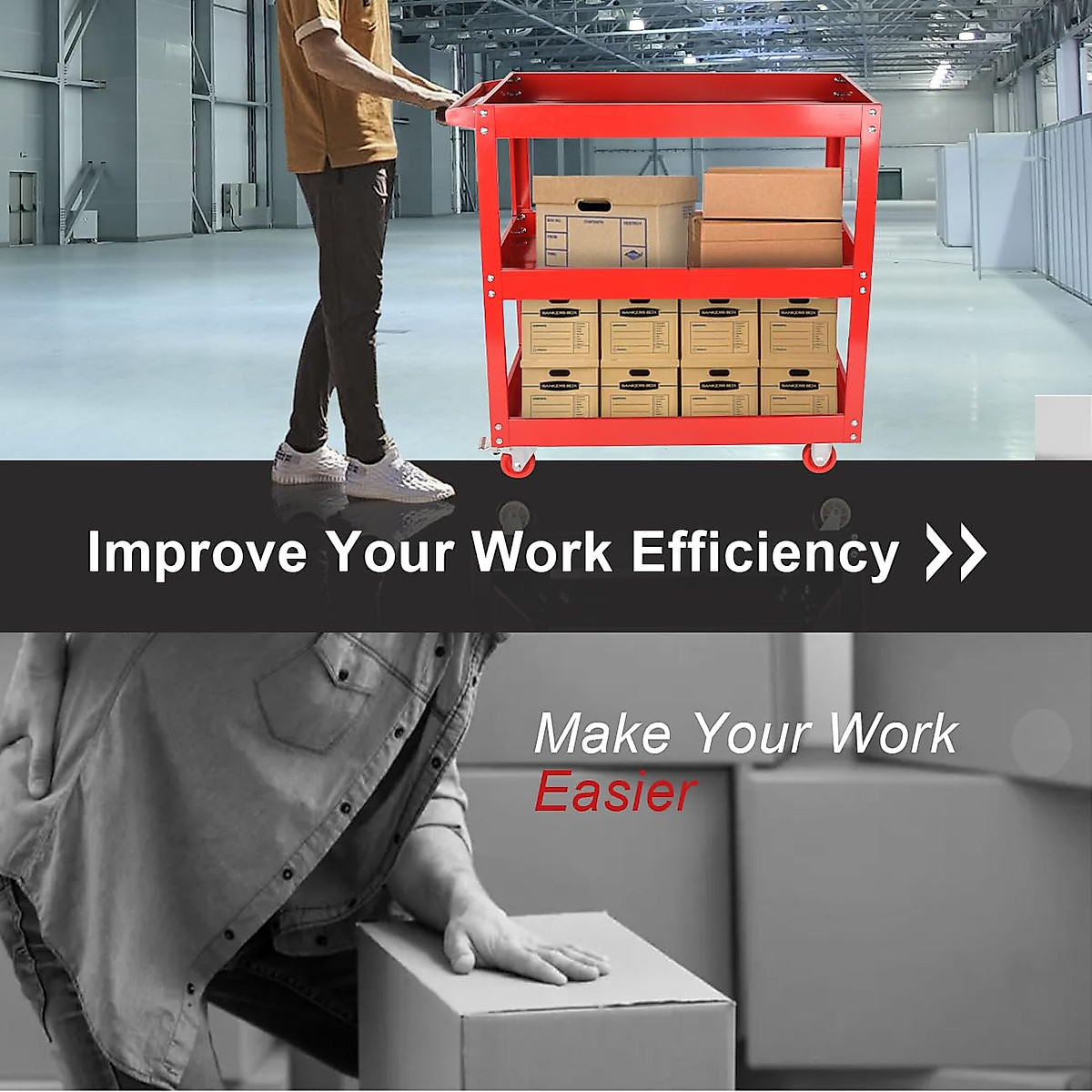 LFGUD 3-Tier Commercial Utility Cart with Brake Wheels, Sturdy Steel Construction, 110 lbs Capacity, Red