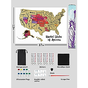 JARLINK Scratch Off USA Map Poster, 12x17 inches United States Map with Unique Accessories Set, Personalized Travel Poster, Gift for Travelers