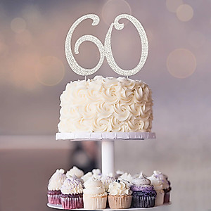 60 Cake Topper - Premium Silver Metal - 60th Birthday or Anniversary Party Sparkly Rhinestone Decoration Makes a Great Centerpiece - Now Protected in a Box