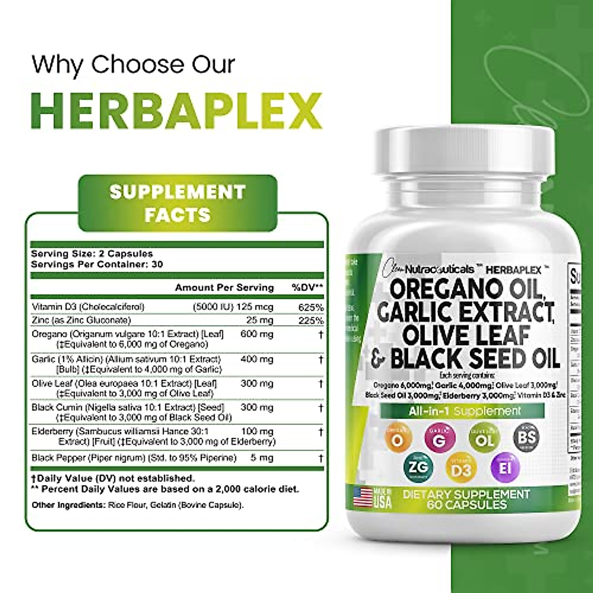 Oregano Oil 6000mg Garlic Extract 4000mg Olive Leaf 3000mg Black Seed Oil 3000mg - Immune Support & Digestive Health Supplement for Women and Men with Vitamin D3 and Zinc - Made in USA 60 Caps