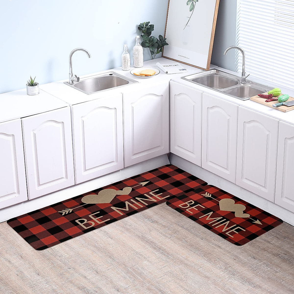ASPMIZ 2 Pcs Valentine's Day Kitchen Rugs, Buffalo Plaid Area Rug Set of 2, Non-Slip Heart Floor Mat for Bathroom, Water Absorbent Door Mat with Anti-Slip Rubber Backing, 17'' x 47'' + 17'' x 30''