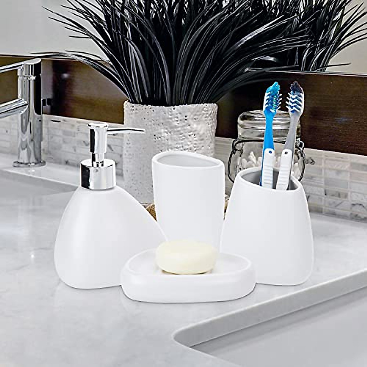 MyGift 4 Piece White Ceramic Bathroom Accessories Set Includes Soap Pump Dispenser & Dish, Tumbler, Toothbrush Holder