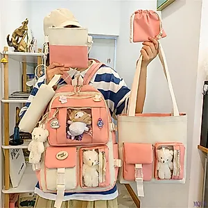 MQUN Kawaii Backpack 5 Pcs School Backpack Cute Aesthetic BackpackSet Aesthetic School Bags Cute Bookbag with Badge& Plush Pendan,Shoulder Bag,Pencil Box,Tote Bag,Small Bag