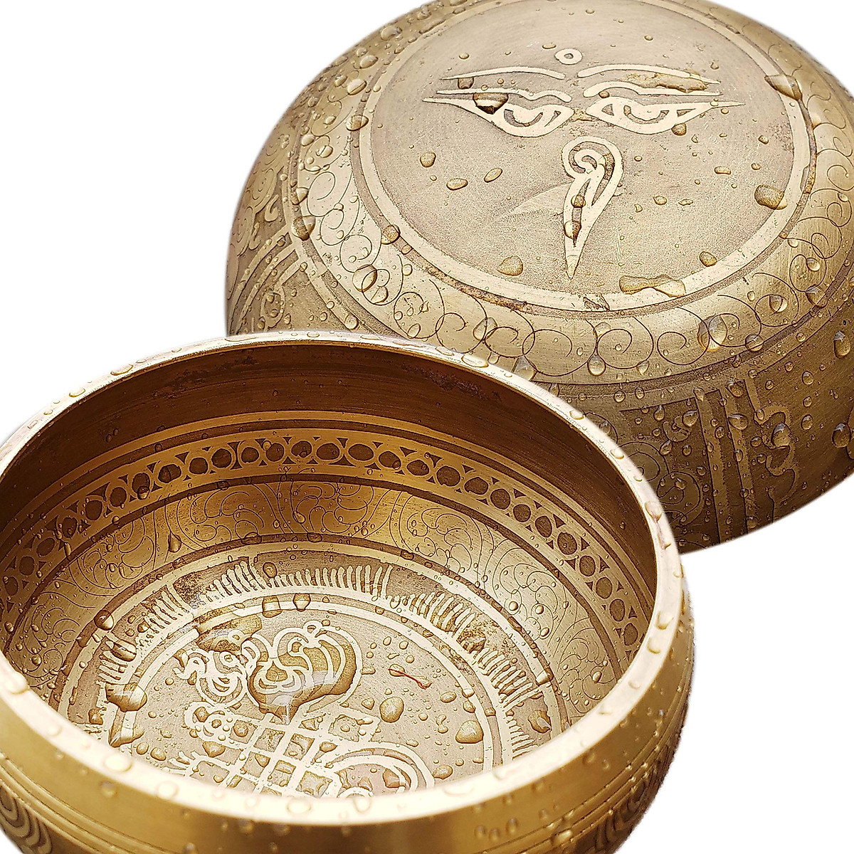 Khusi 4.5 Inch Tibetan Singing Bowl, Wisdom Eye Mantra Engraved Chakra Bowl Sound Bowl w/Silk Cushion, Leather Wrap Mallet and Carry Pouch, Hand Hammered Made in Nepal