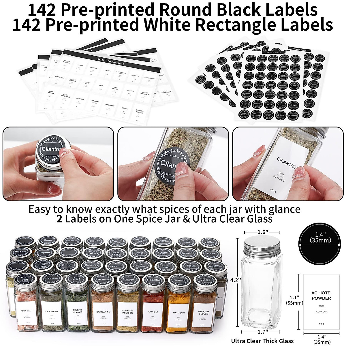 Brippo Spice Drawer Organizer with 35 Spice Jars, 328 Labels, Sift and Pour Shake Lids with Airtight Aluminium Caps, 4 Tier (2 Set) Clear Acrylic Drawer/Countertop Tray Rack with Seasoning Containers