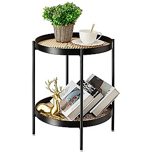 danpinera Black Side Table, 2 Tier Removable Tray Imitation Rattan Table for Living Room, Small Round Table for Bedroom, Small Metal Table for Nightstand 20.47 Inch x 16.54 Inch